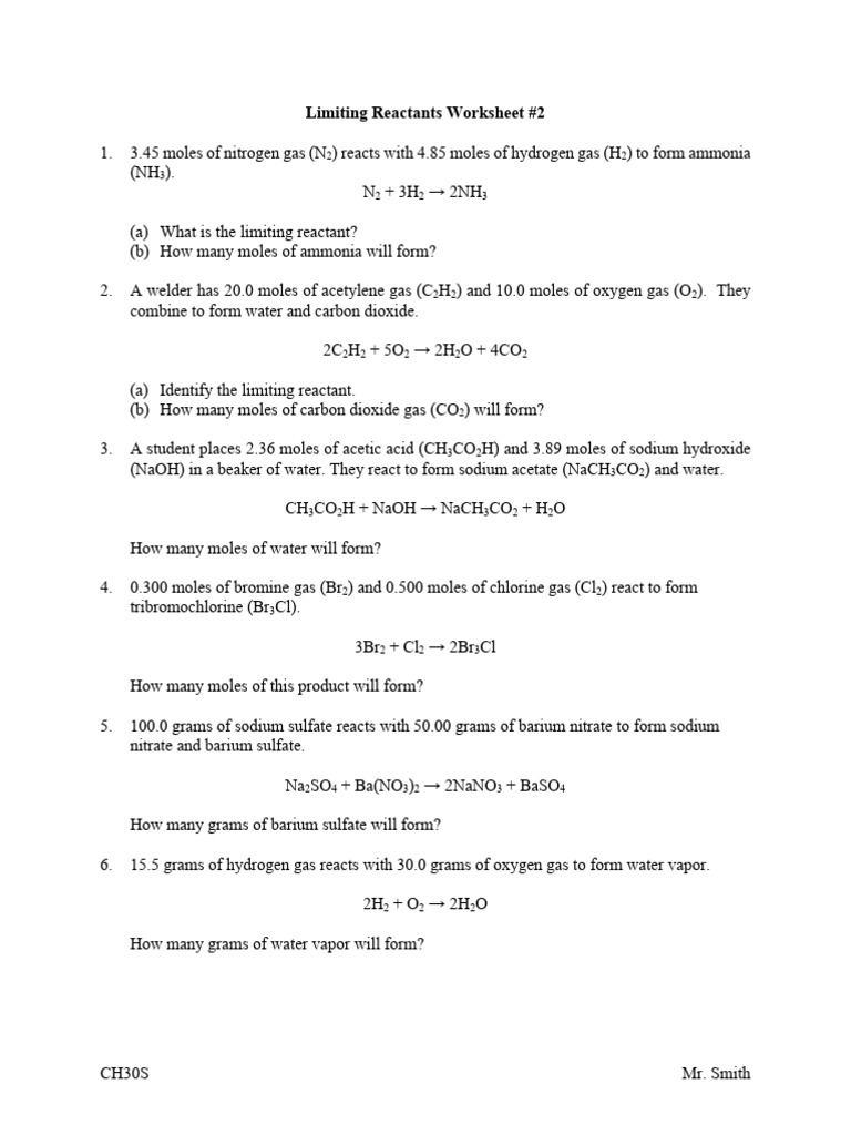 Limiting Reactants Worksheet | PDF