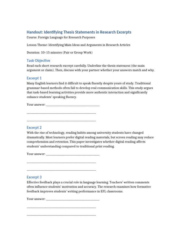 Handout 5. Identifying Thesis Statements | PDF | Learning | Vocabulary