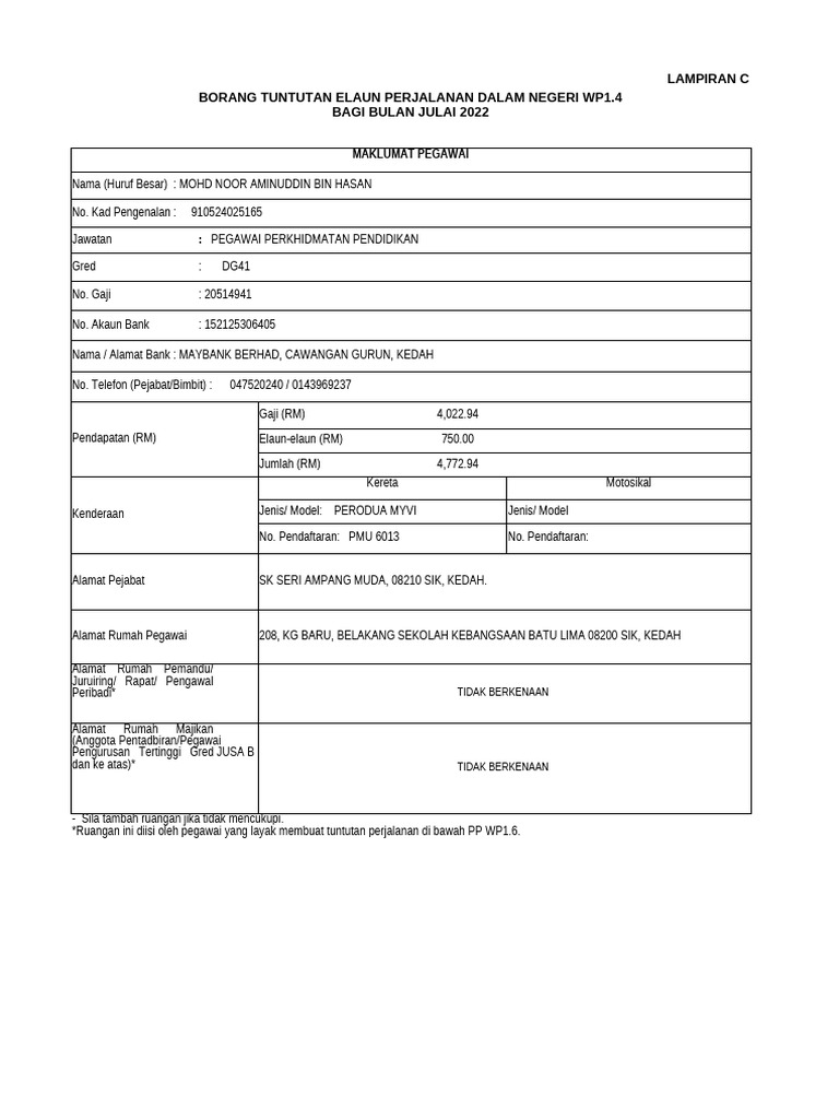 Borang Tuntutan Elaun Perjalanan WP 14 2021 (TERBARU) Kosong | PDF