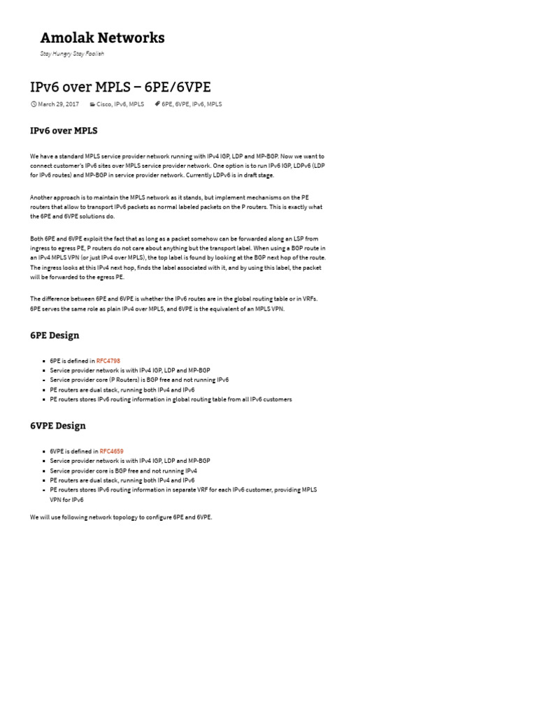 IPv6 Over MPLS - 6PE - 6VPE - Amolak Networks | PDF | Networking ...