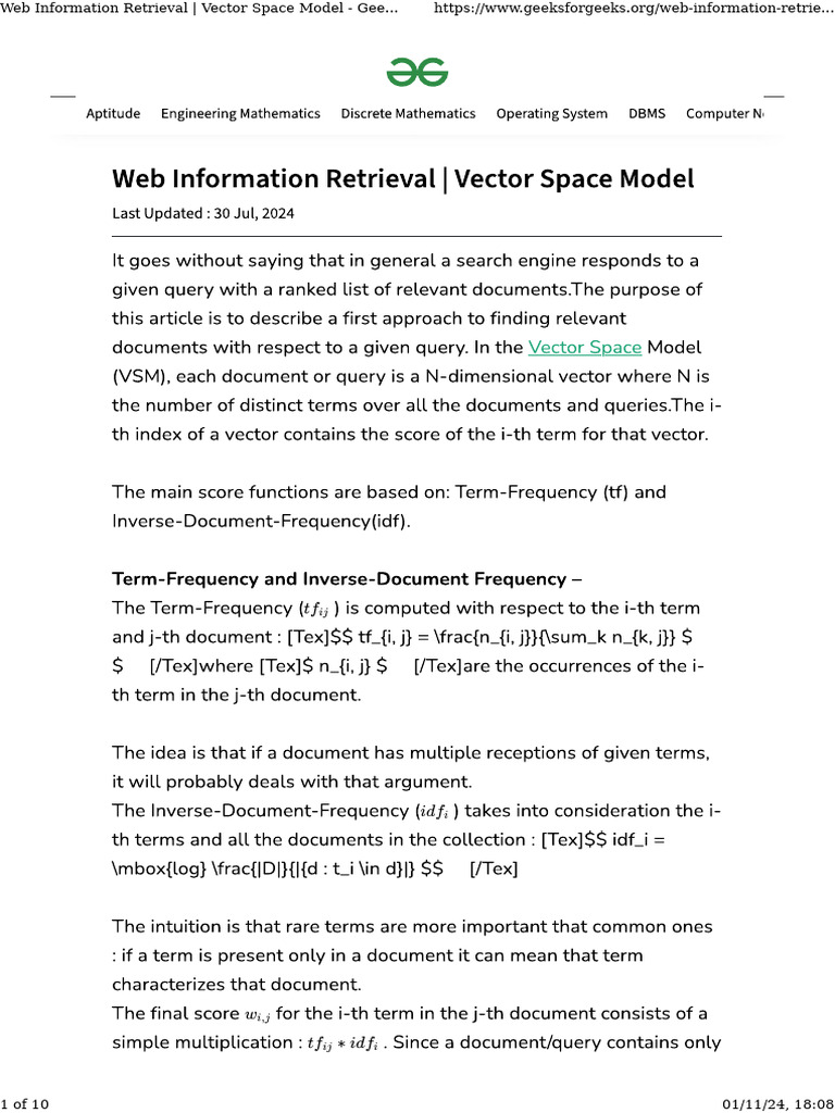 Web Information Retrieval - Vector Space Model - GeeksforGeeks | PDF | Information Retrieval