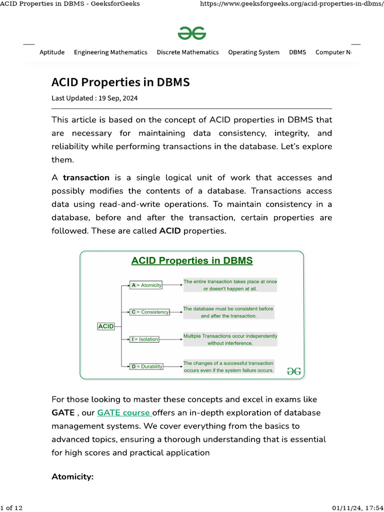 ACID Properties in DBMS - GeeksforGeeks | PDF