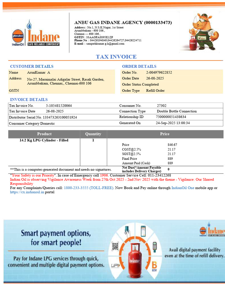 ANBU Gas Indane Agency Invoice Details | PDF