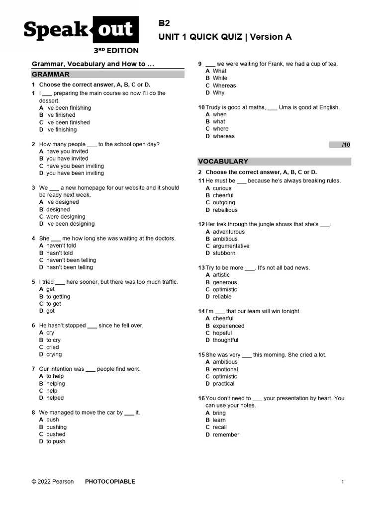 B2 Unit Quick Quiz: Grammar & Vocabulary | PDF