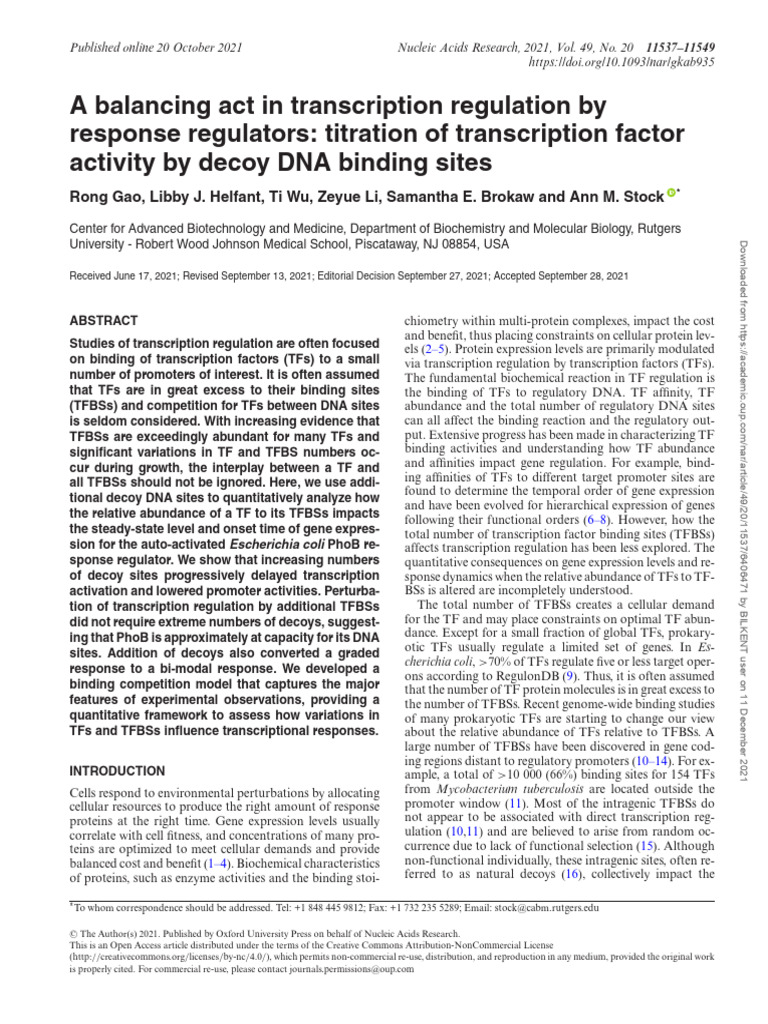 A Balancing Act in Transcription Regulation by Response Regulators ...