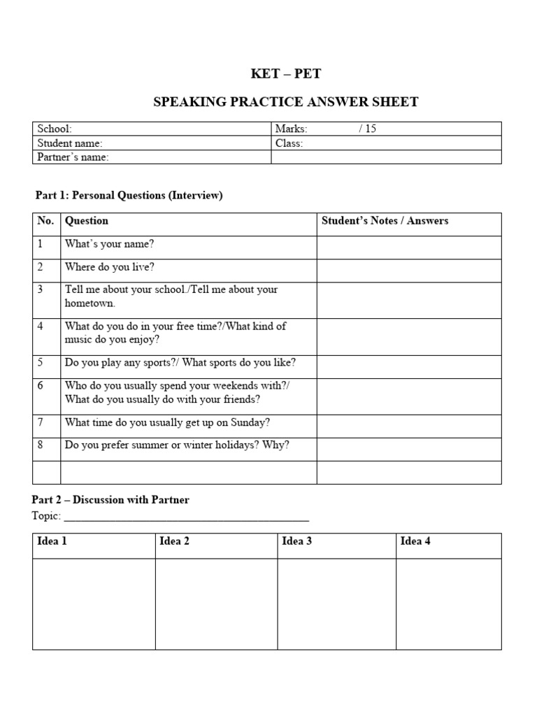 KET PET Speaking Answer Sheet | PDF | Applied Linguistics | Human ...