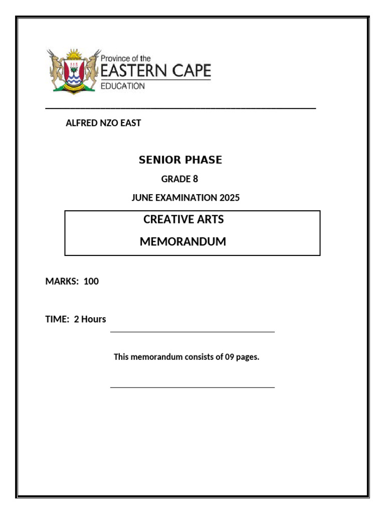 Grade 8 Creative Arts Exam Memo 2025 | PDF