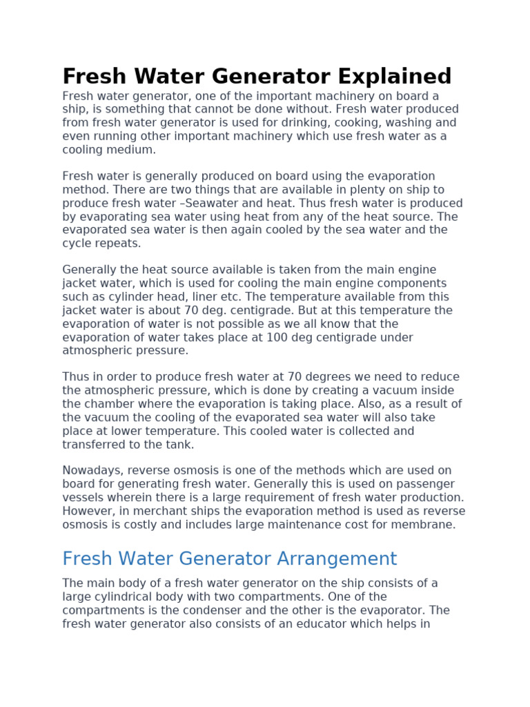 Fresh Water Generator Explained | PDF | Water | Pump