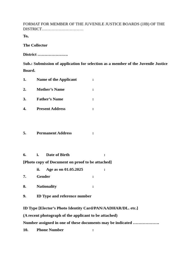 Application Format for Juvenile Justice Board | PDF