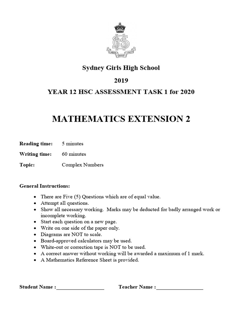 Year 12 HSC Mathematics Extension 2 Task | PDF | Complex Number ...