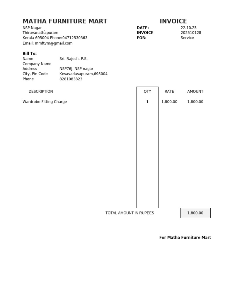 Matha Furniture Mart Invoice Details | PDF