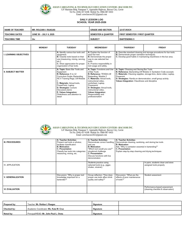 Bartending Lesson Plan for Grade 12 | PDF | Learning | Behavior ...