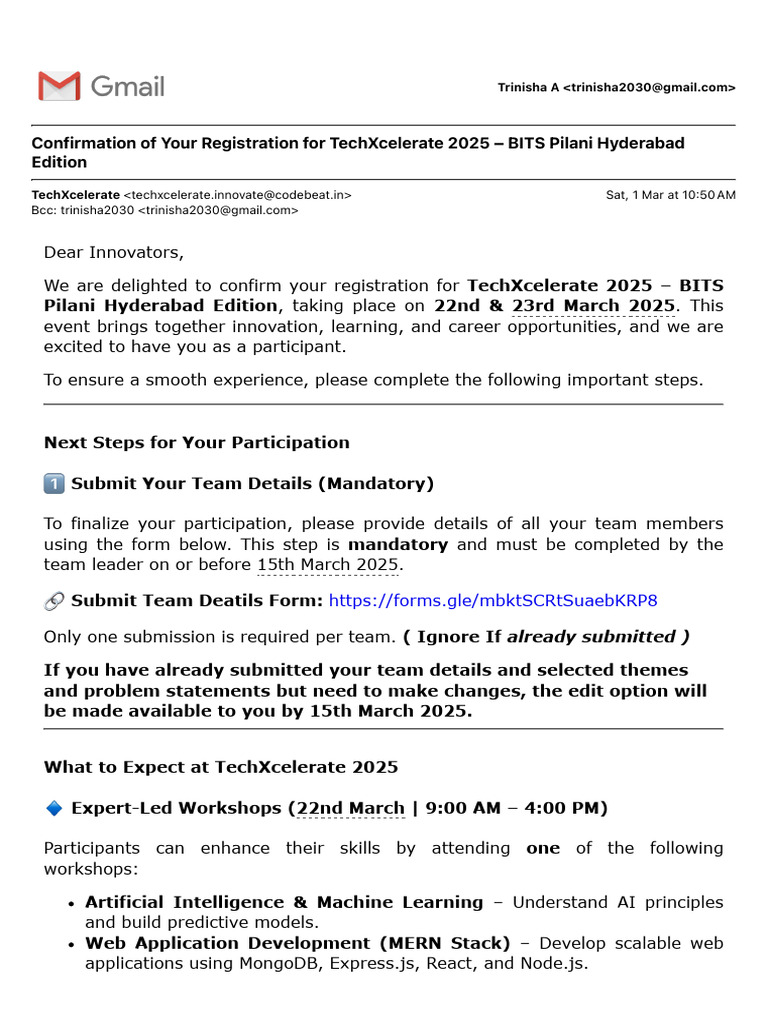 Confirmation of Your Registration For TechXcelerate 2025 - BITS Pilani Hyderabad | PDF ...