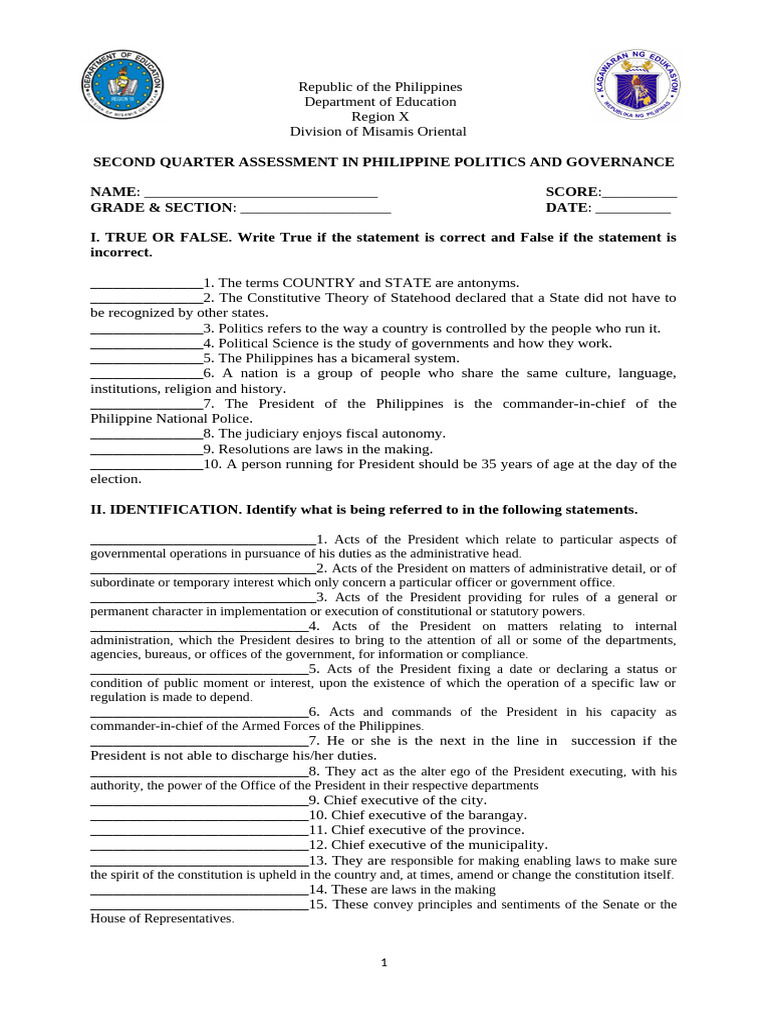 1st Quarter Assessment in Politics | PDF | Presidents Of The United ...