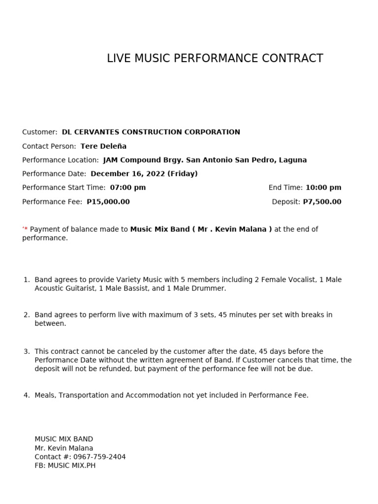 Live Music Performance Contract | PDF