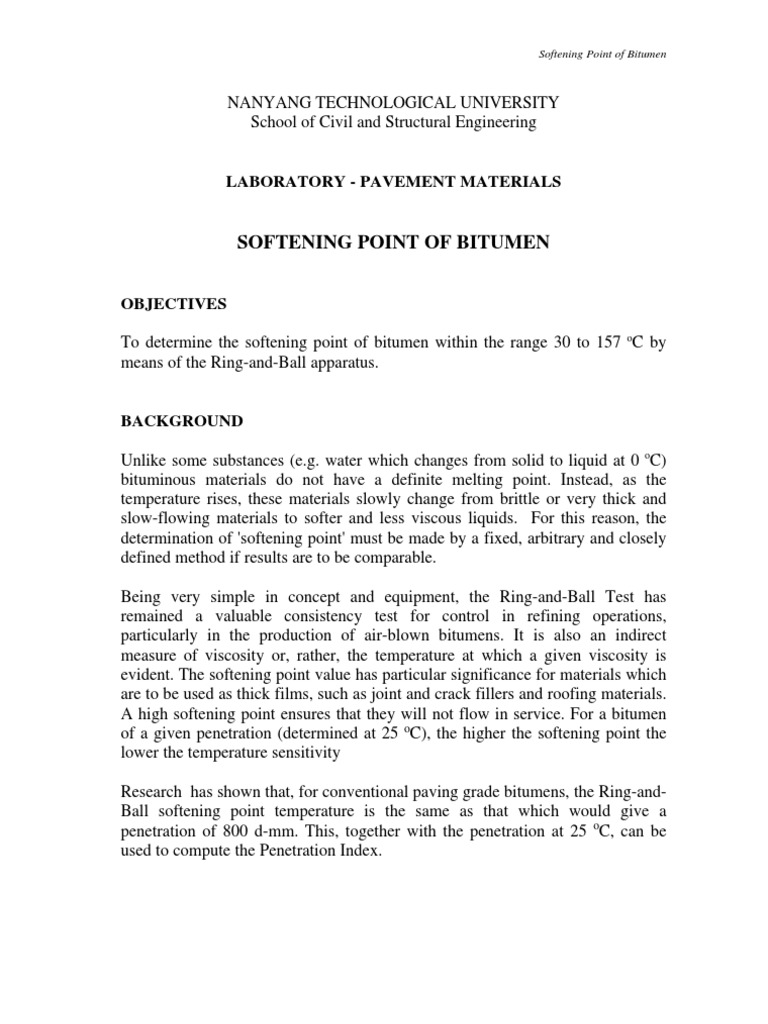 Softening Point of Bitumen: Laboratory - Pavement Materials | PDF ...