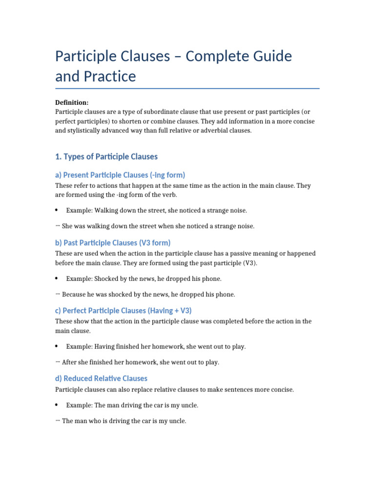 Participle Clauses Exercises PDF | PDF | Clause | Subject (Grammar)