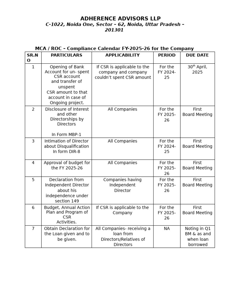 ROC Compliance Calendar FY 2025-26 | PDF | Audit | Financial Services