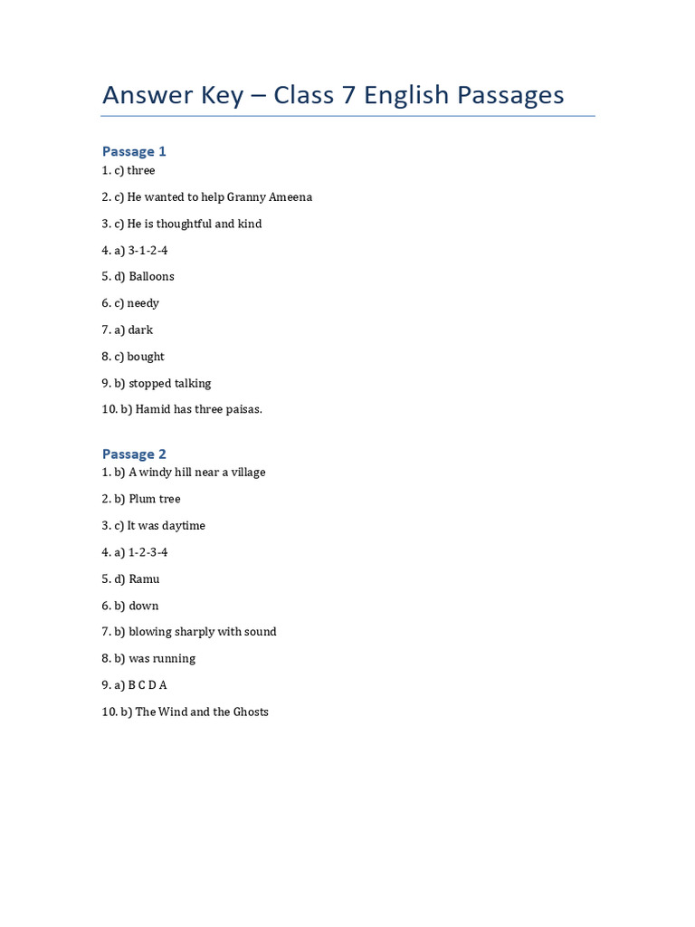 Class 7 English Passages Answer Key | PDF