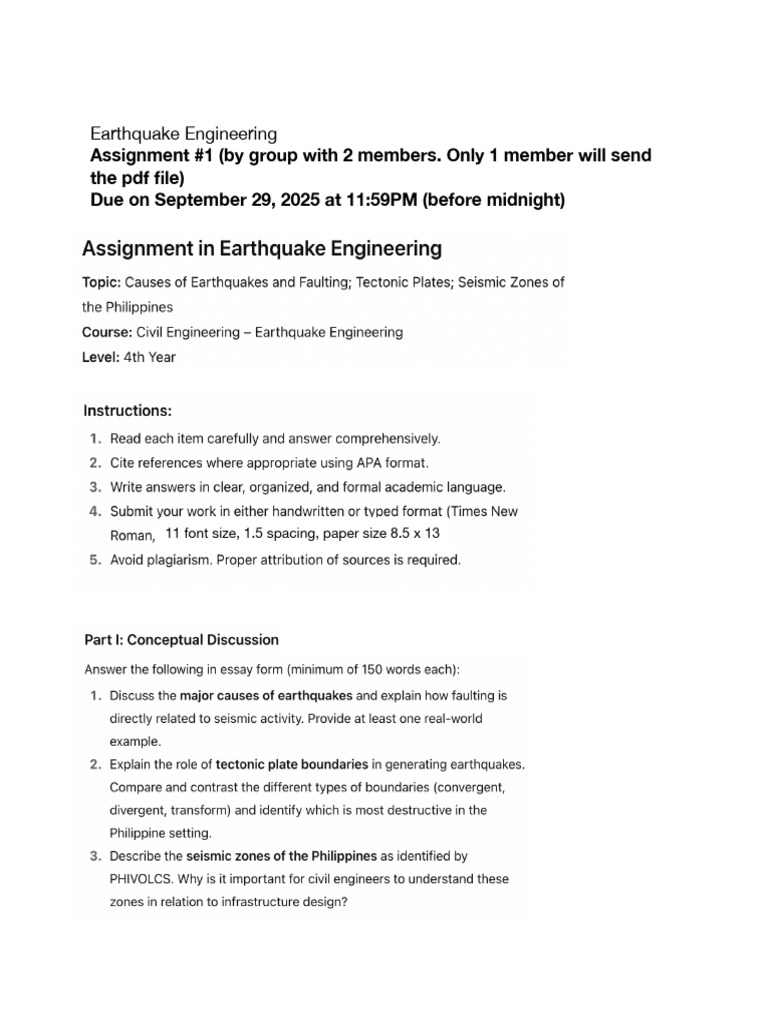 Earthquake - Assignments 1 (Chapter 2) and 2 (Chapter 3) | PDF