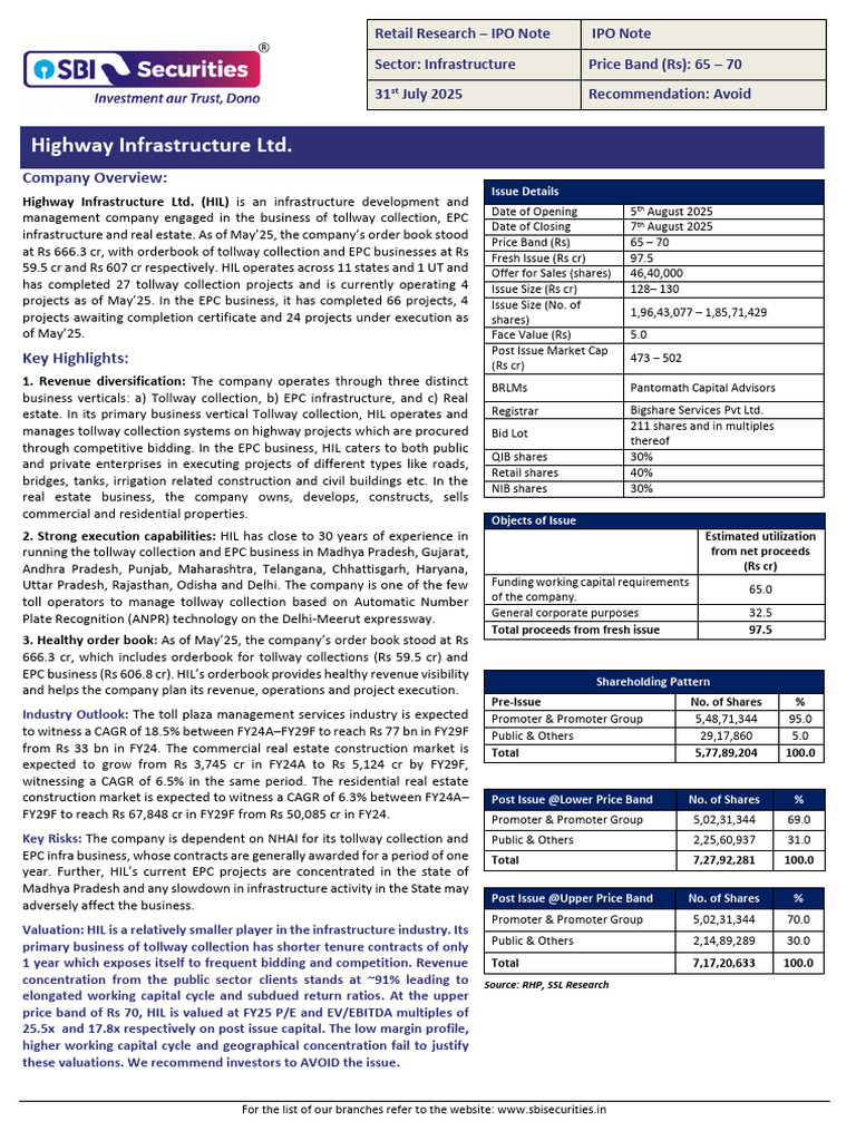 SBI Securities IPO Note On Highway Infrastructure LTD | PDF ...