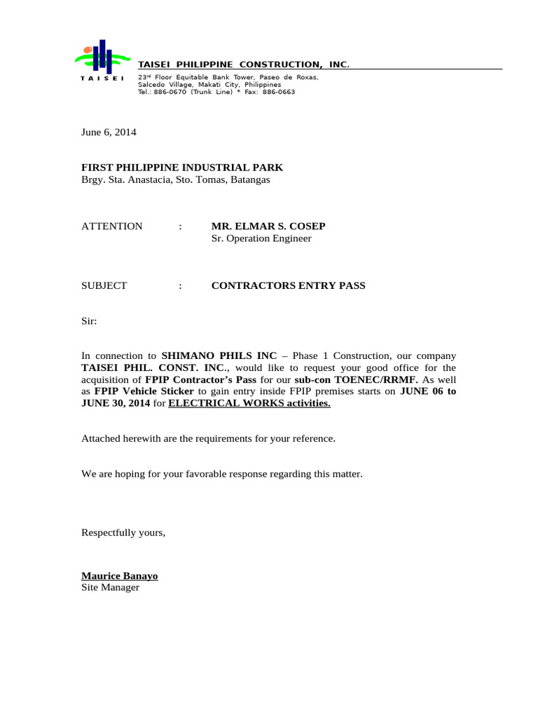 Contractor's Pass Request for FPIP | PDF
