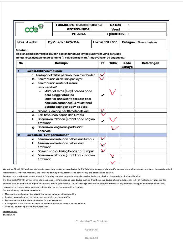 Form Inspeksi-k3-Geotechnical PIT Disposal | PDF | Sedimentology