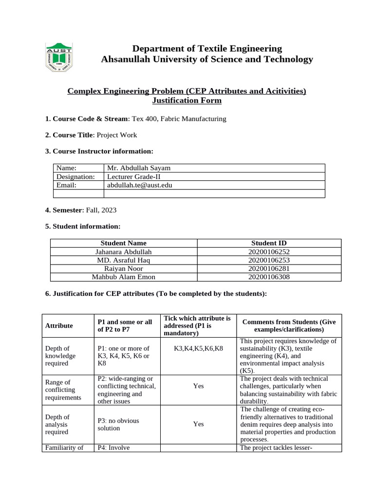CEP Justification Form With Rubrics | PDF | Sustainability | Engineering