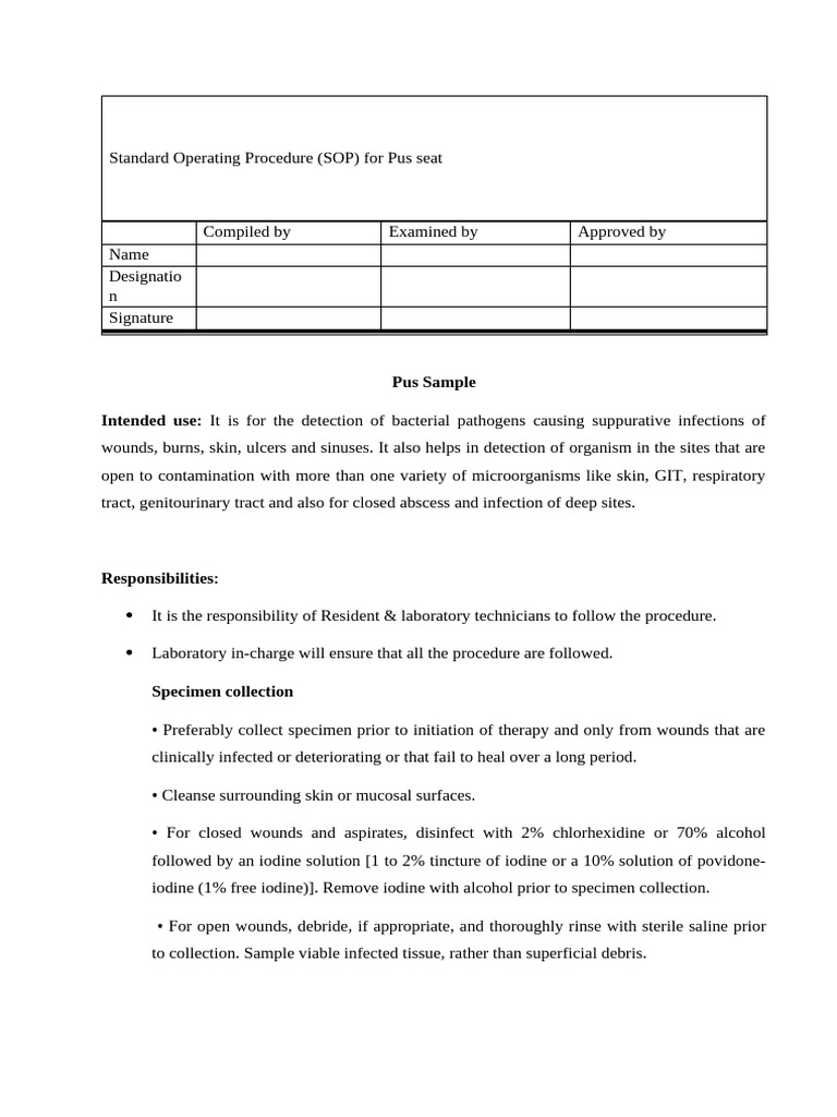 SOP for Pus Sample Collection and Analysis | PDF | Wound | Streptococcus