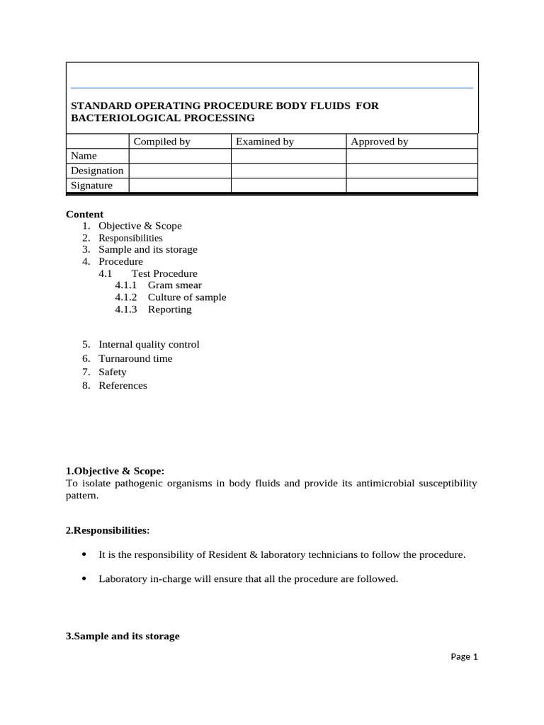 Body Fluids Sop Final | PDF | Microbiology | Medical Specialties