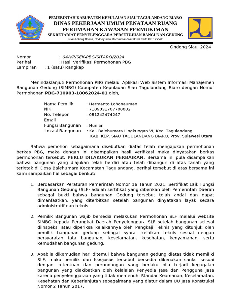 Hasil Verifikasi Permohonan PBG Siau | PDF