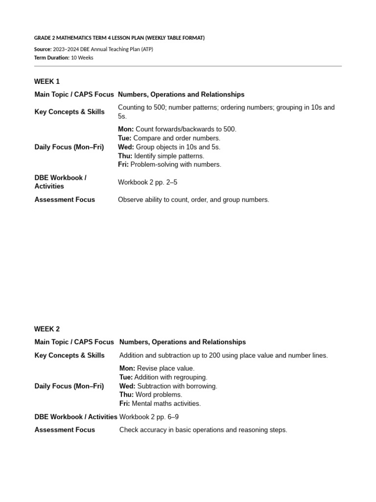 Grade 2 Maths Term 4 Lesson Plan | PDF | Mathematics | Measurement