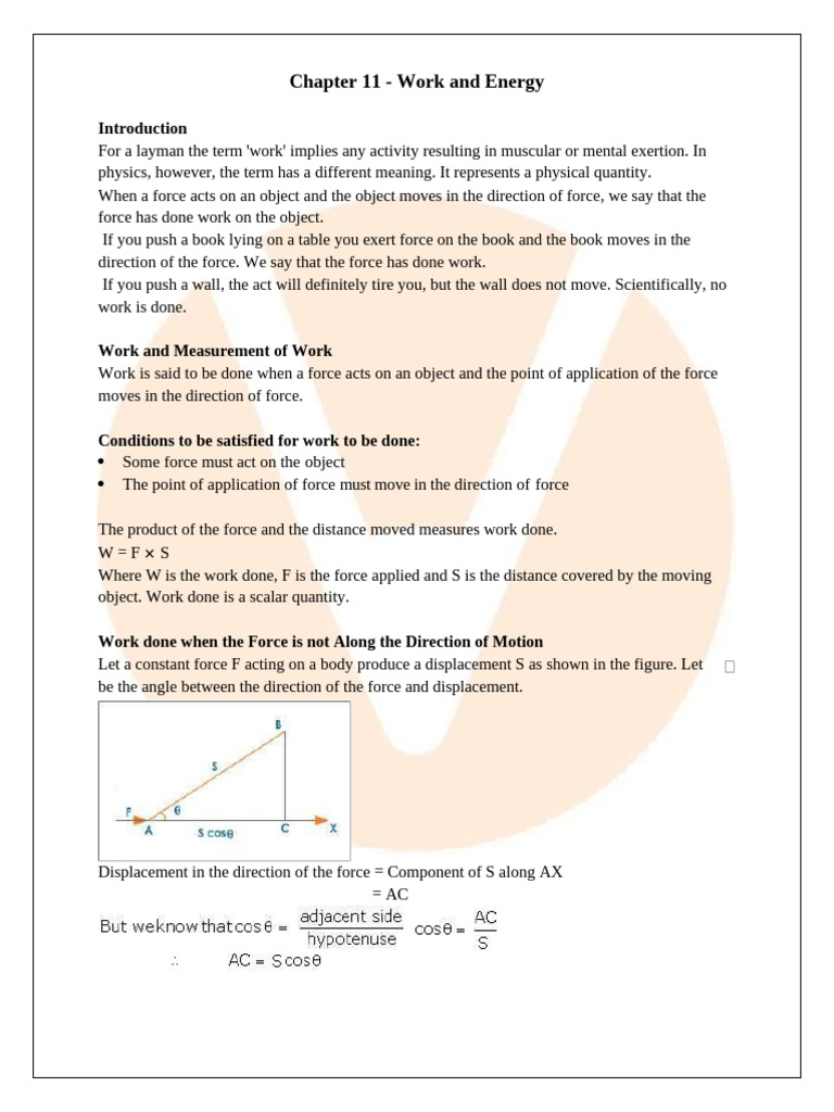 Work and Energy: Class 9 Notes | PDF | Watt | Force