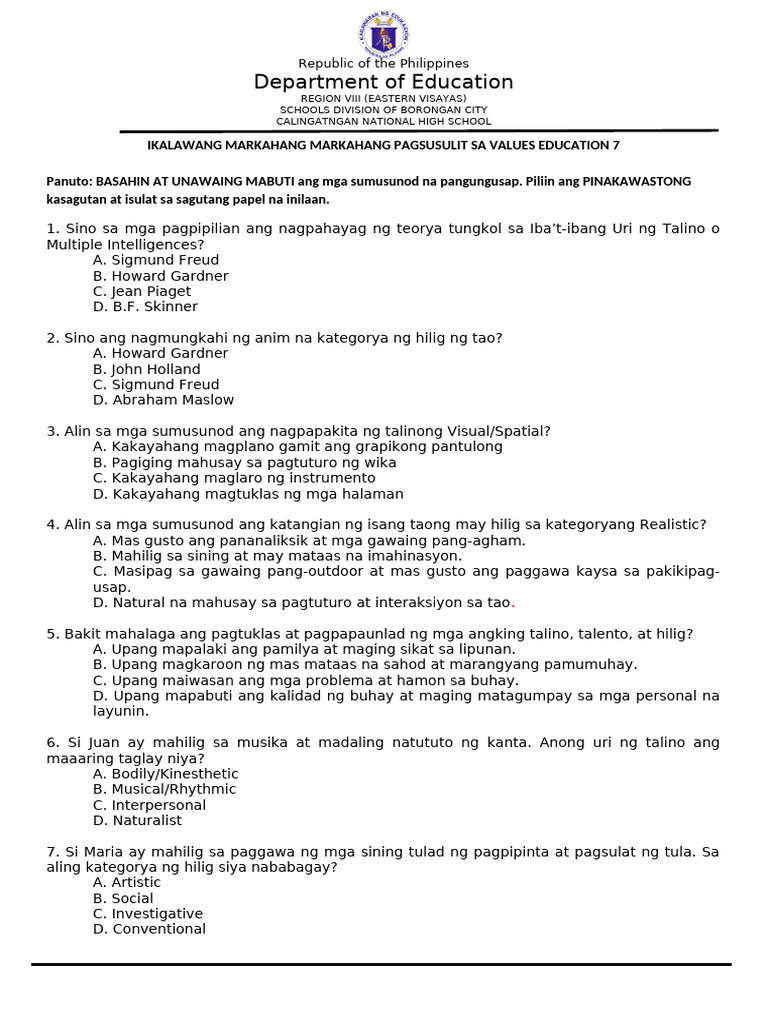 ESP Third Quarter Exam | PDF
