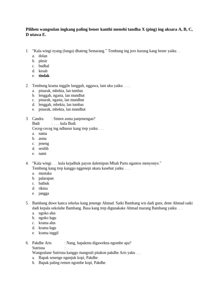 Latihan Asts Jawa - X - Ganjil 2025 | PDF