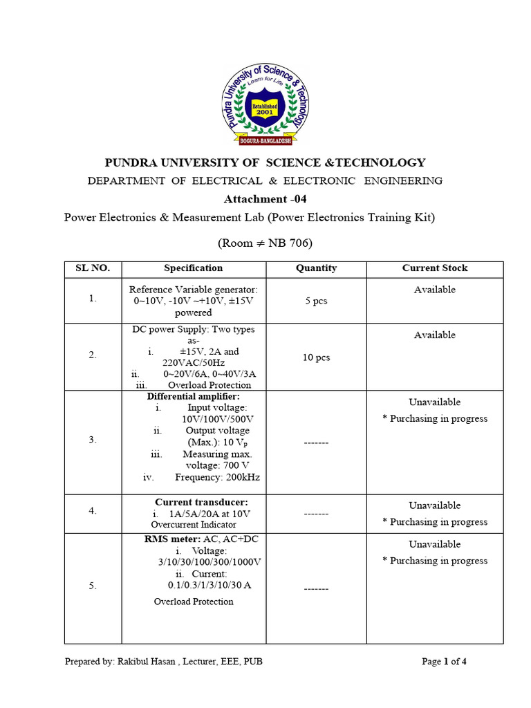 EEE 4124 Lab Components List | PDF | Power Supply | Power Electronics