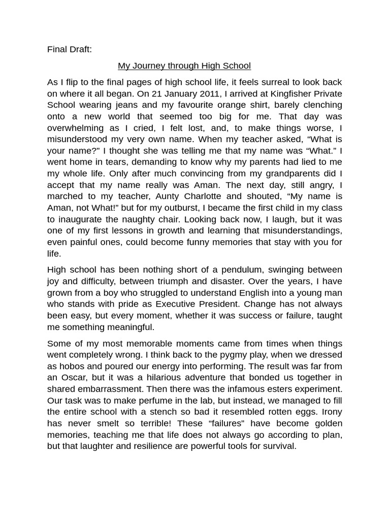 My Journey Through High School - Reflective Essay | PDF