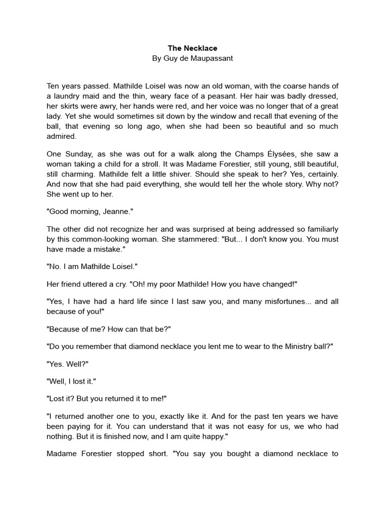 The Necklace: Mathilde's Hardship Revealed | PDF