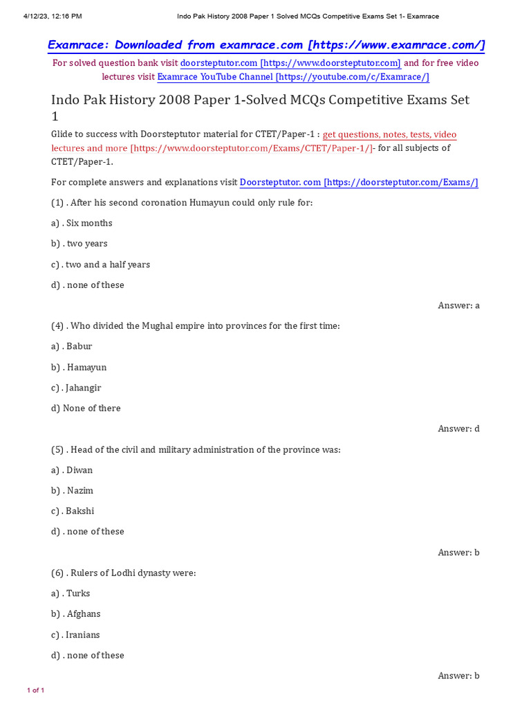 Indo Pak History 2008 Paper 1 MCQ | PDF