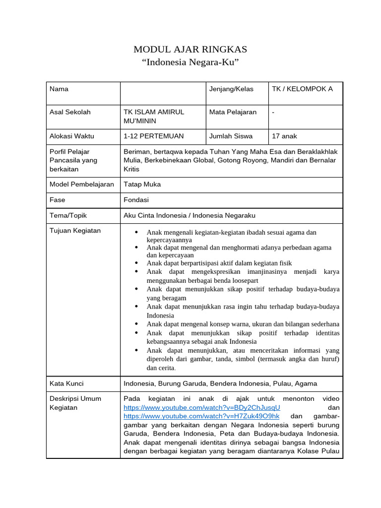Modul Ajar "Aku Cinta Indonesia" TK | PDF