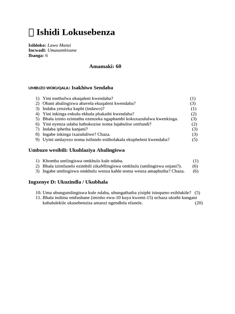 Ishidi Lokusebenza: Amamaki: 60 | PDF