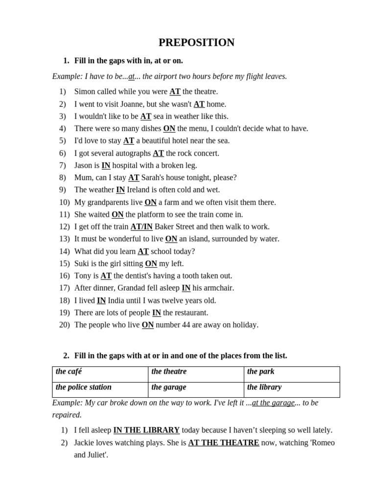 Prepositions Practice Exercises | PDF