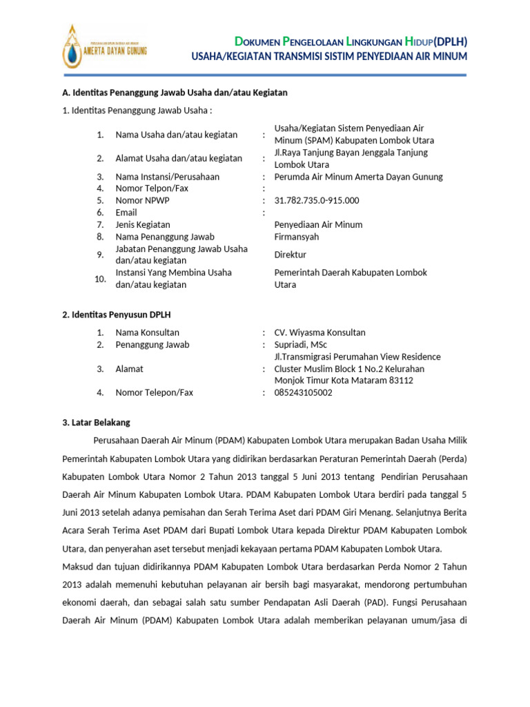 DPLH Sistem Penyediaan Air Minum Lombok | PDF