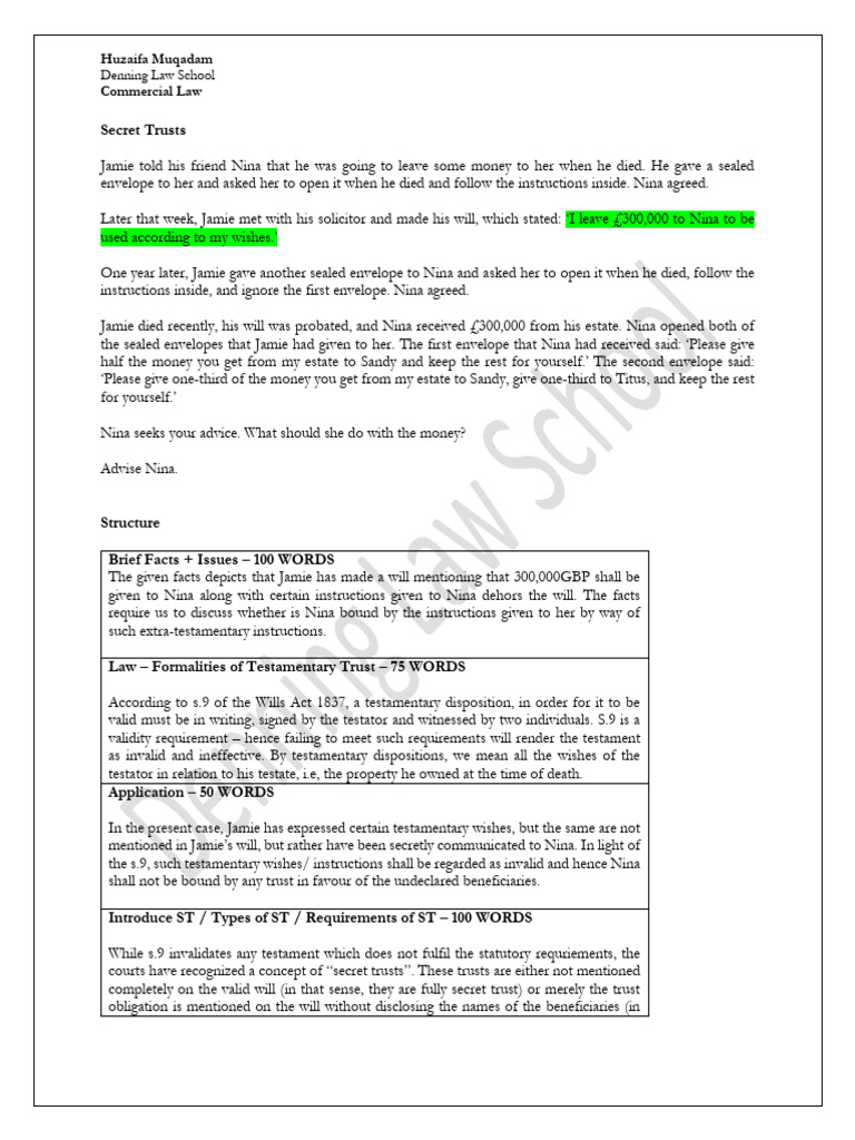 Secret Trusts in Wills: Legal Advice | PDF | Will And Testament ...