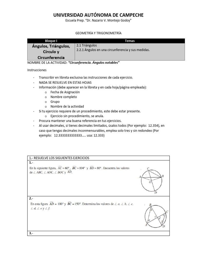 Actividad BI - Circunferencia - Ngulos Notables | PDF