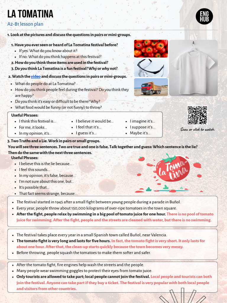 A2-B1 La Tomatina - Summer Festivals Bundle A4 Worksheet TV | PDF