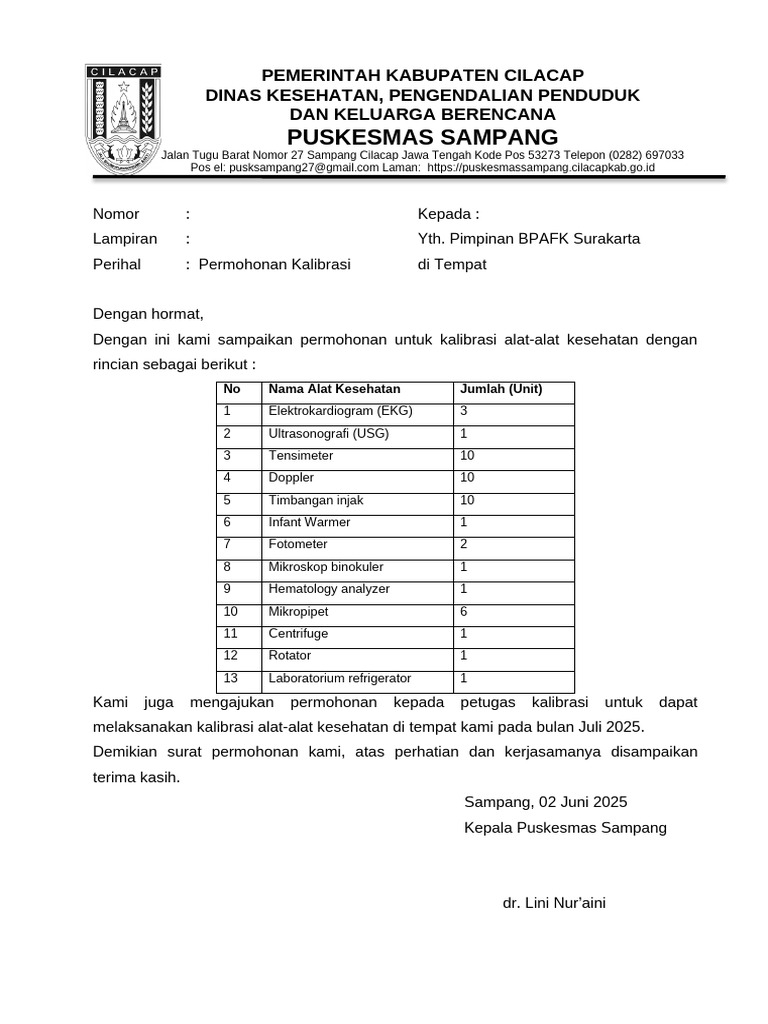 Permohonan Kalibrasi Alat Kesehatan Puskesmas Sampang | PDF