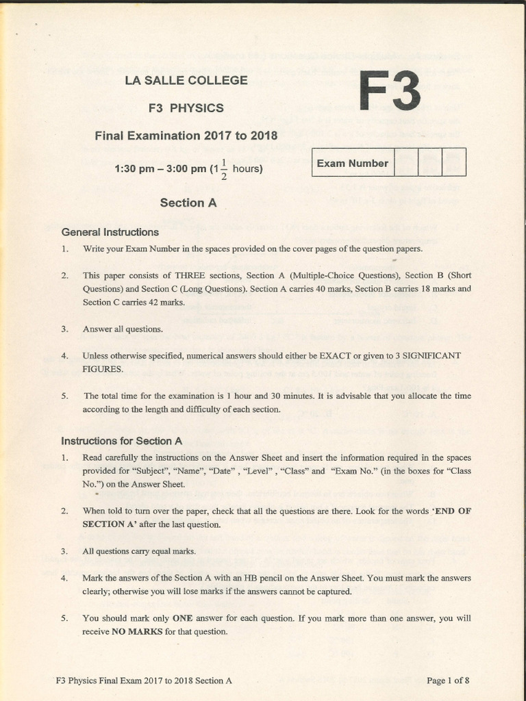 La Salle 2017-2018 Final Exam F3 Physics | PDF