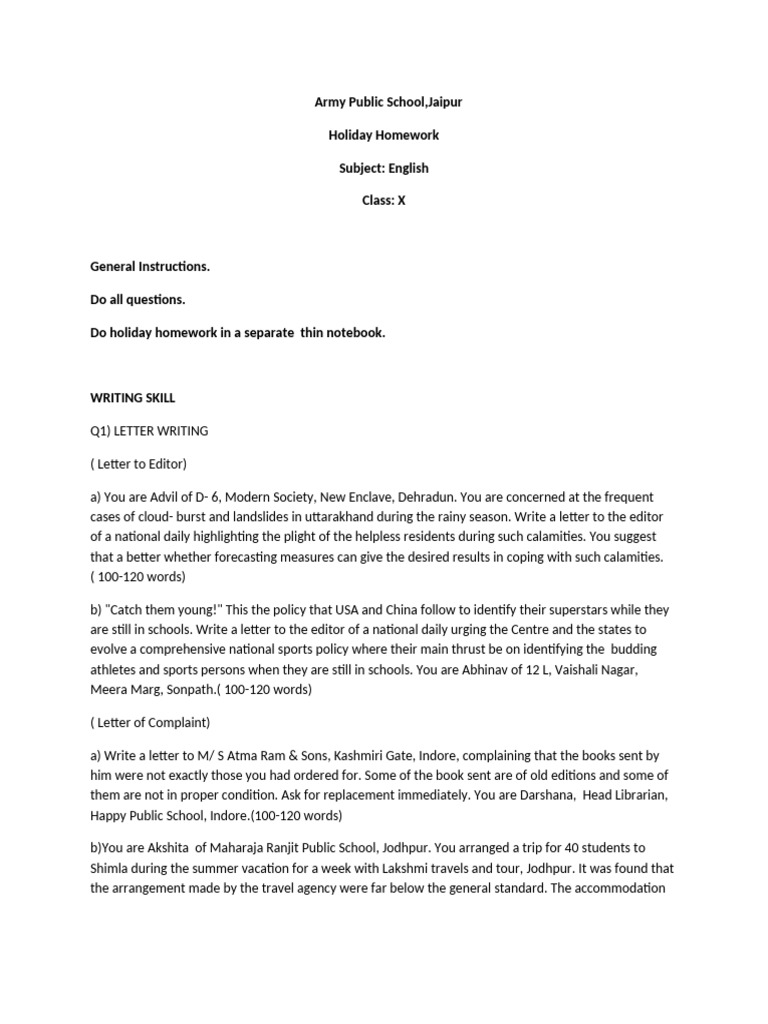 Class X English Holiday Homework Guide | PDF