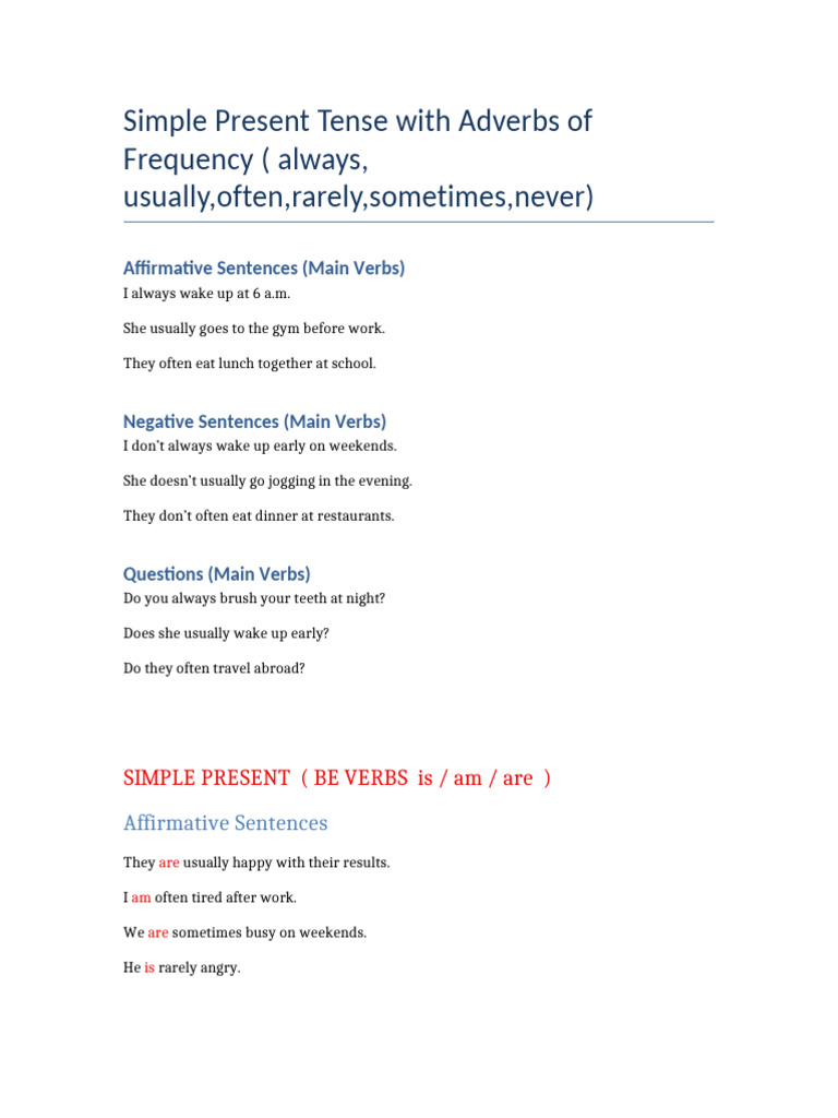 Simple Present Adverbs of Frequency | PDF